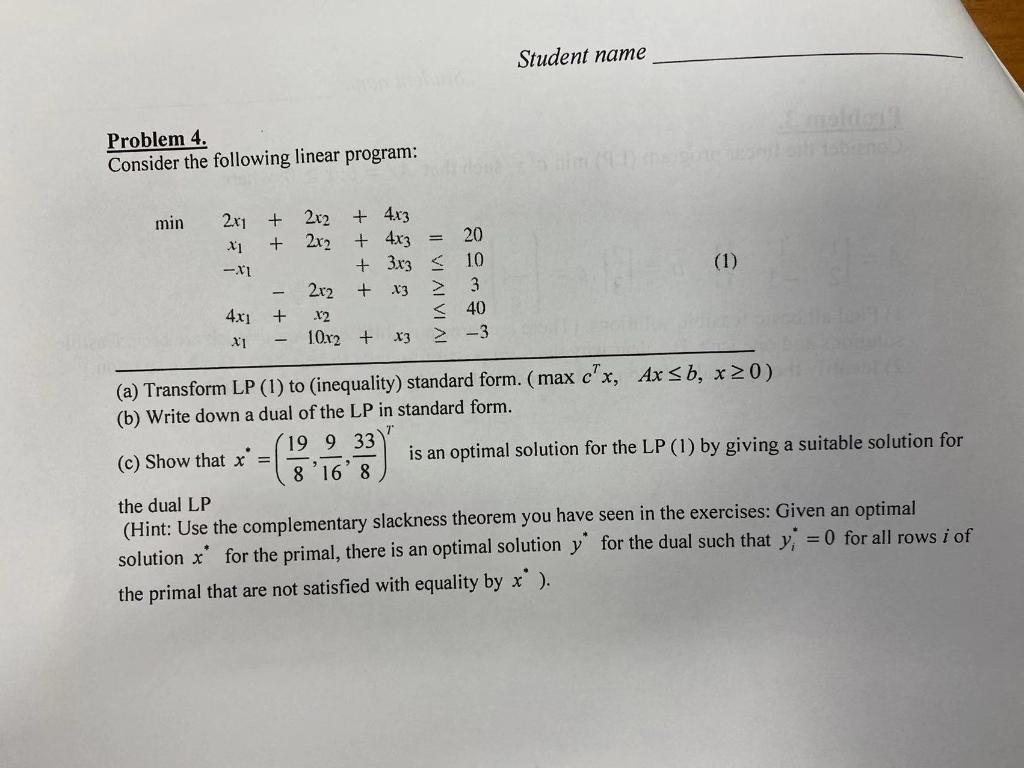 Solved Student name Problem 4. Consider the following linear | Chegg.com