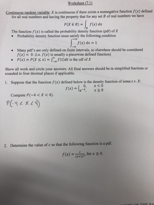 Solved Worksheet 7.1 Continuous random variable: X is | Chegg.com
