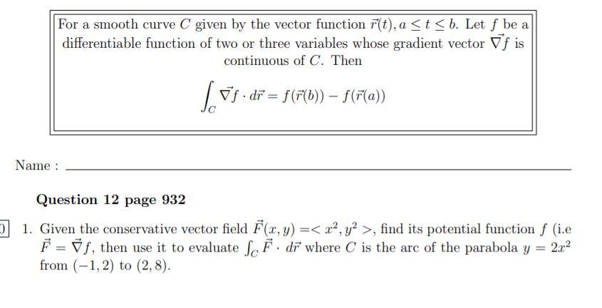 Solved For a smooth curve C given by the vector function | Chegg.com