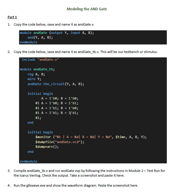 Solved Modeling the AND Gate Part 1 1. Copy the code below, | Chegg.com