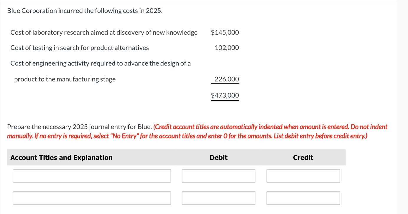 Solved Prepare the necessary 2025 journal entry for Blue. | Chegg.com