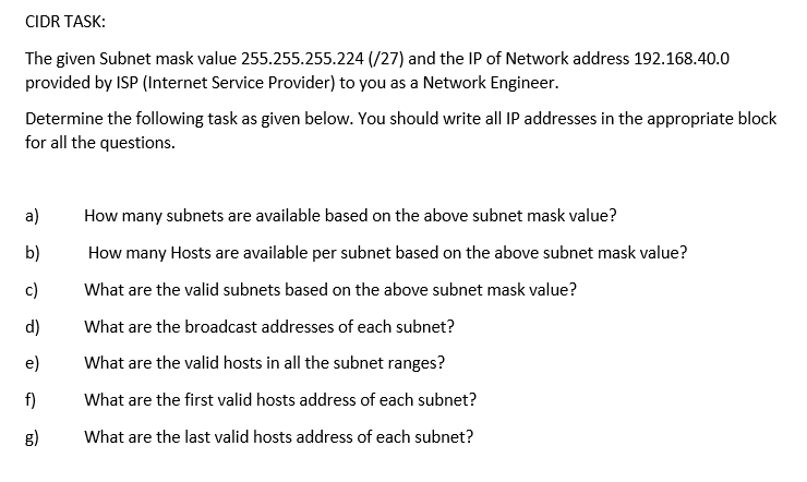 Solved CIDR TASK: The given Subnet mask value | Chegg.com