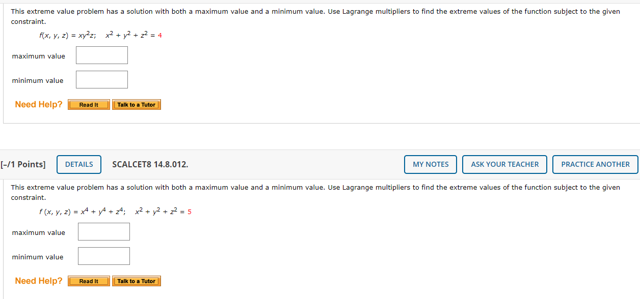 Solved This extreme value problem has a solution with both a | Chegg.com