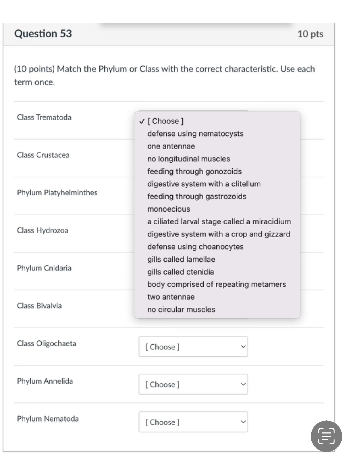 Solved Question 53(10 ﻿points) ﻿Match the Phylum or Class | Chegg.com