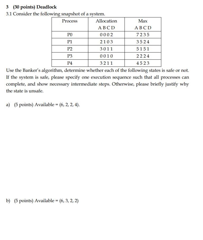 Solved 3 (30 points) Deadlock 3.1 Consider the following | Chegg.com