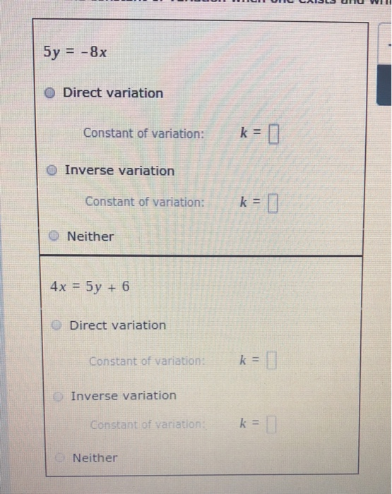 Solved O Direct variation Constant of variation: O Inverse | Chegg.com