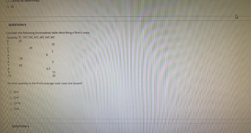 Solved O cannot be determined. O 20 QUESTION 5 Consider the | Chegg.com