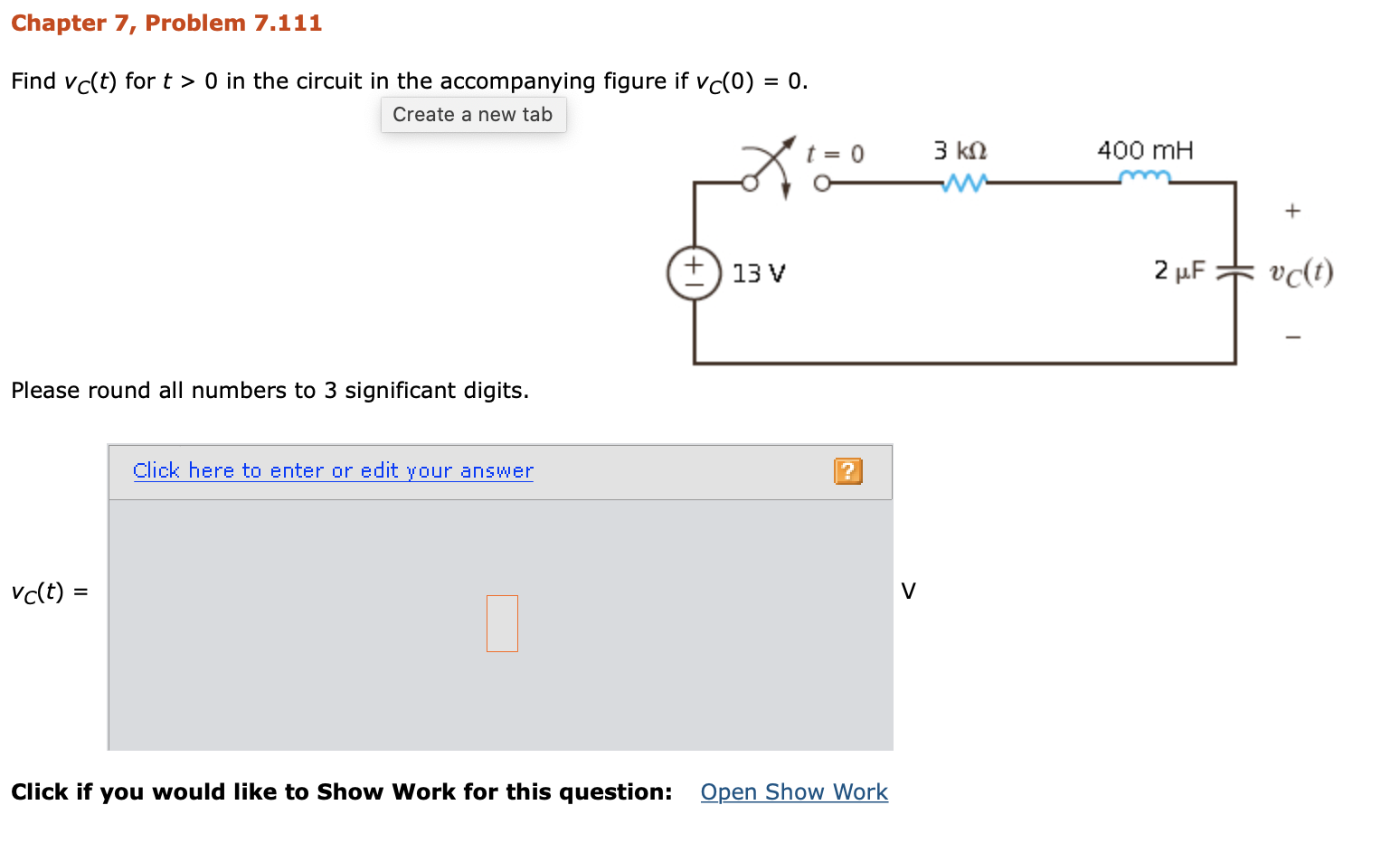 Solved Chapter 7, Problem 7.111 Find vclt) for t > 0 in the | Chegg.com
