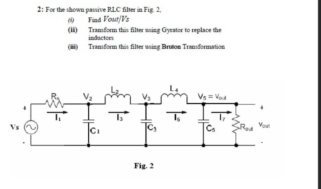 Solved 2: For the shown passive RLC filter in Fig. 2. Find | Chegg.com