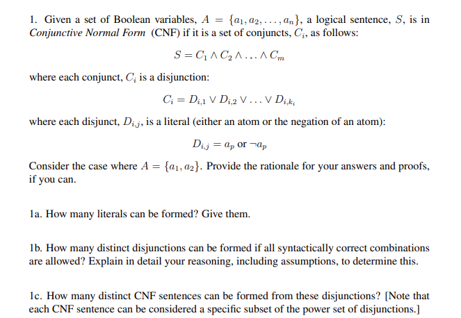 Solved = 1. Given a set of Boolean variables, A {21, 22, | Chegg.com