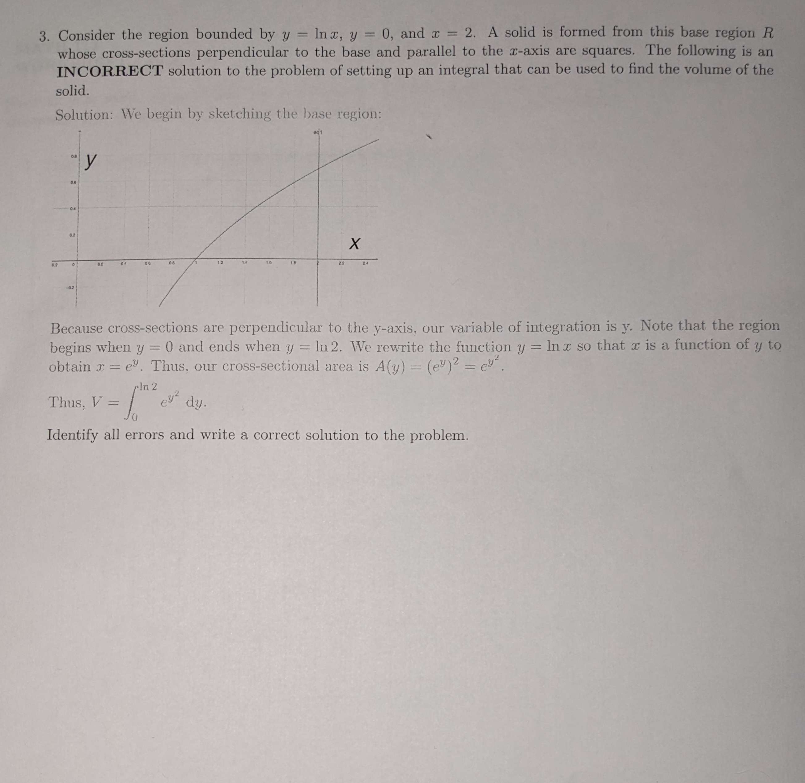 Solved 3. Consider the region bounded by y=lnx,y=0, and x=2. | Chegg.com