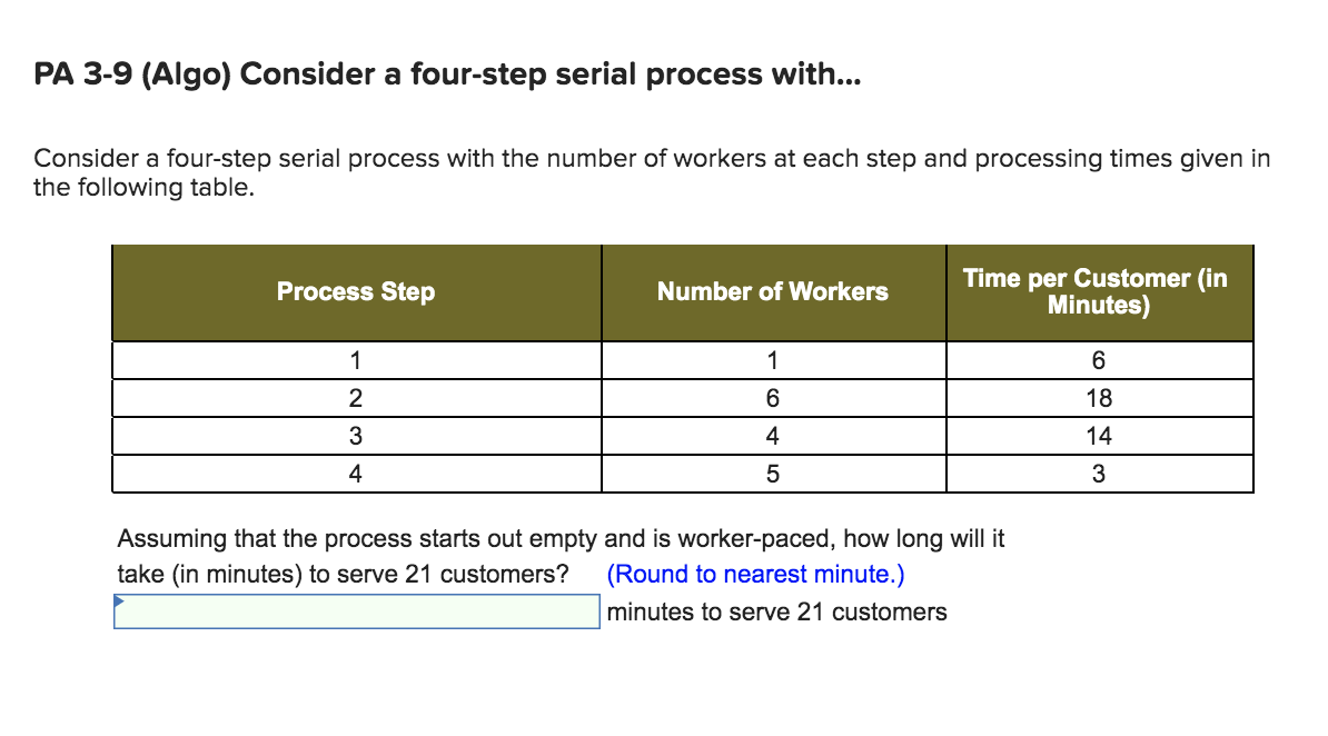 Solved PA 3-9 (Algo) Consider a four-step serial process | Chegg.com Solved PA 3-9 (Algo) Consider a four-step serial process | Chegg.com