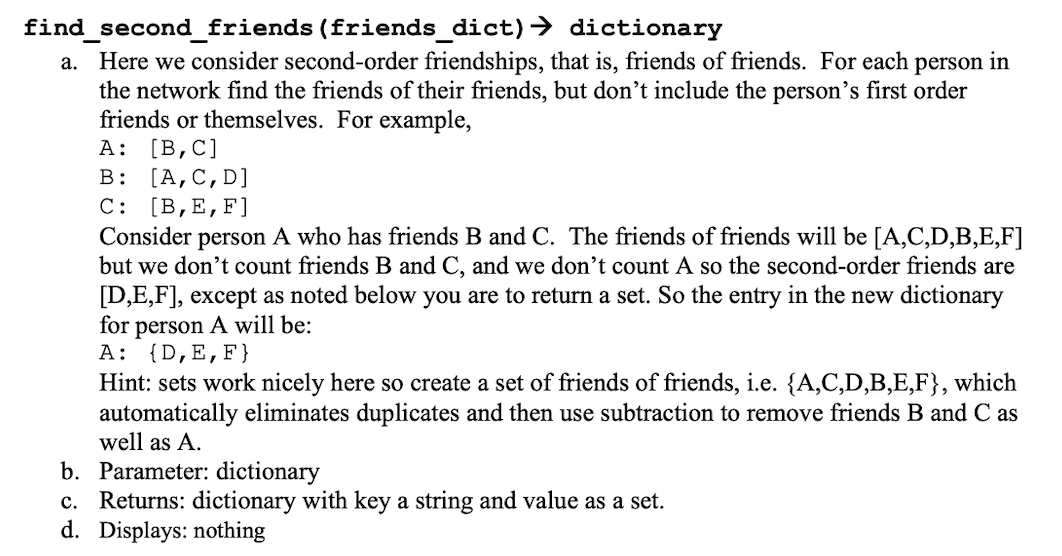 Solved ind_second_friends (friends_dict) → dictionary a. | Chegg.com
