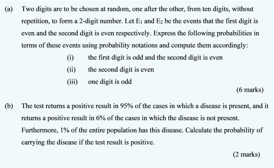 Solved (a) Two digits are to be chosen at random, one after | Chegg.com