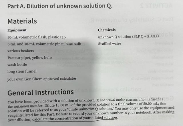 Solved Part A. Dilution of unknown solution Q. General | Chegg.com
