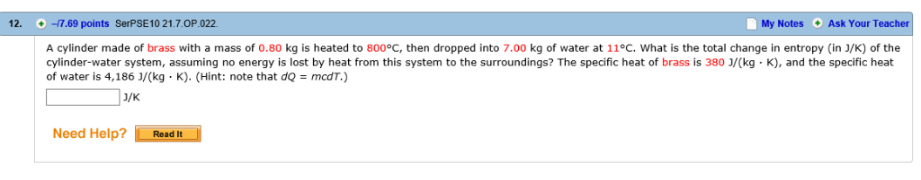 Solved 12. A cylinder made of brass with a mass of 0.80 kg | Chegg.com