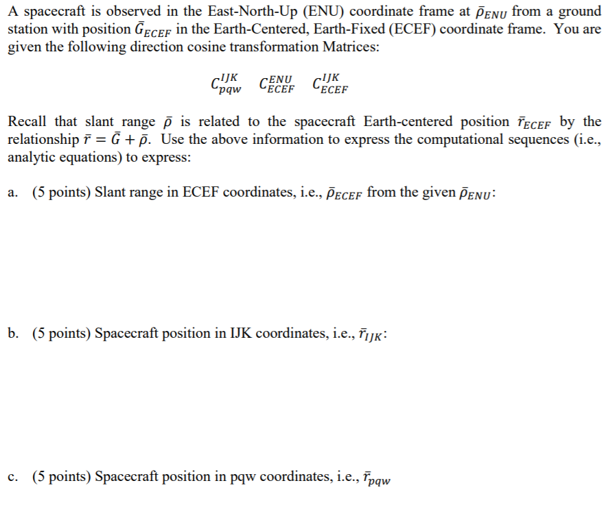 A spacecraft is observed in the East-North-Up (ENU) | Chegg.com