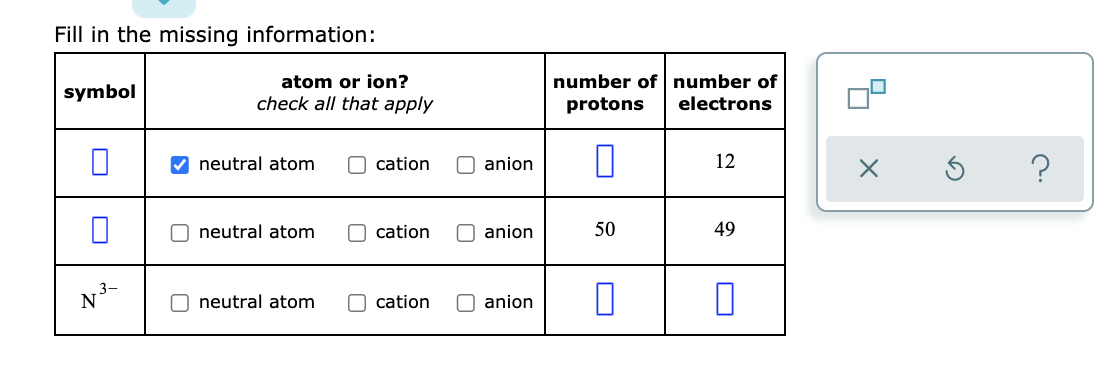Solved Fill in the missing information: symbol atom or ion? | Chegg.com