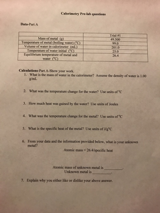Solved Calorimetry Pre Lab Questions: | Chegg.com