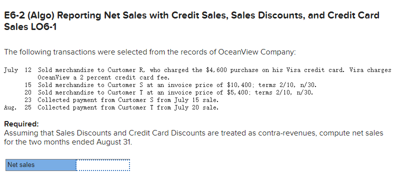 Solved E6-2 (Algo) Reporting Net Sales with Credit Sales, | Chegg.com