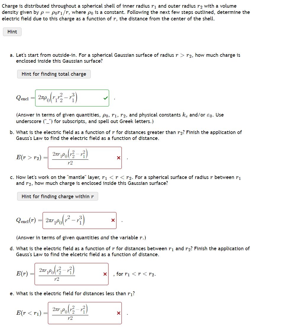 Solved Charge is distributed throughout a spherical shell of | Chegg.com