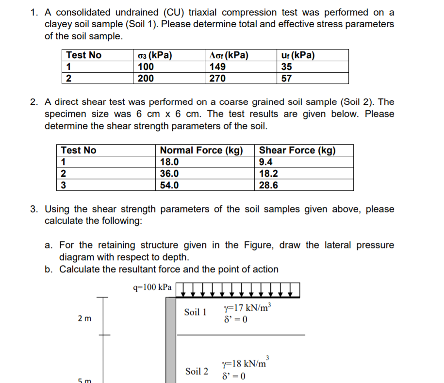 Solved 1. A consolidated undrained (CU) triaxial compression | Chegg.com