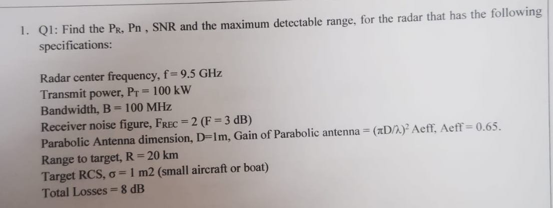 Solved 1. Q1: Find the PR,Pn,SNR and the maximum detectable | Chegg.com