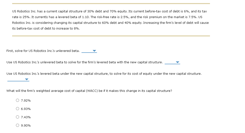 Solved US Robotics Inc, has a current capital structure of | Chegg.com