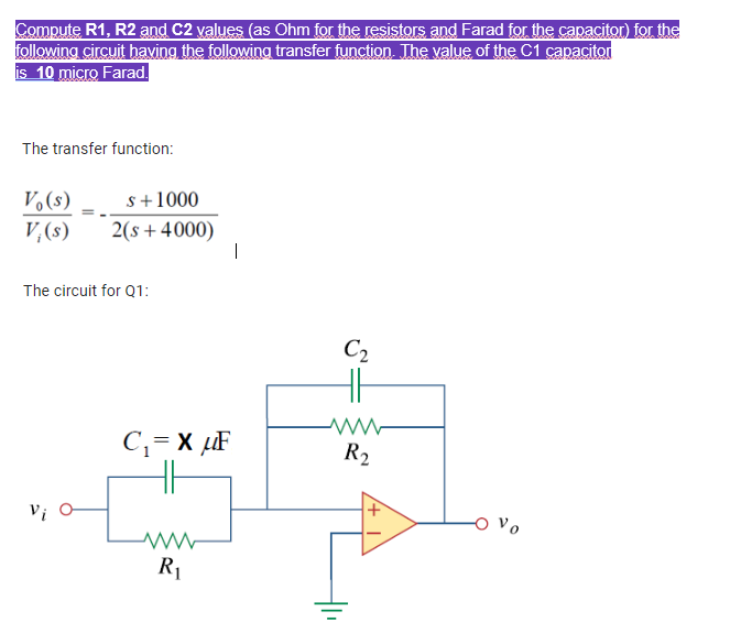 Solved Compute R1,R2 and C2 values (as Ohm for the resistors | Chegg.com