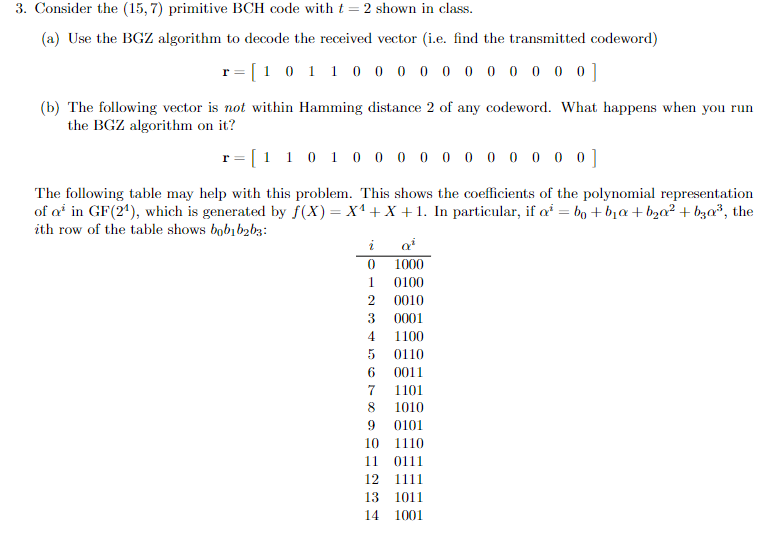 Consider the (15,7) primitive BCH code with t=2 shown | Chegg.com