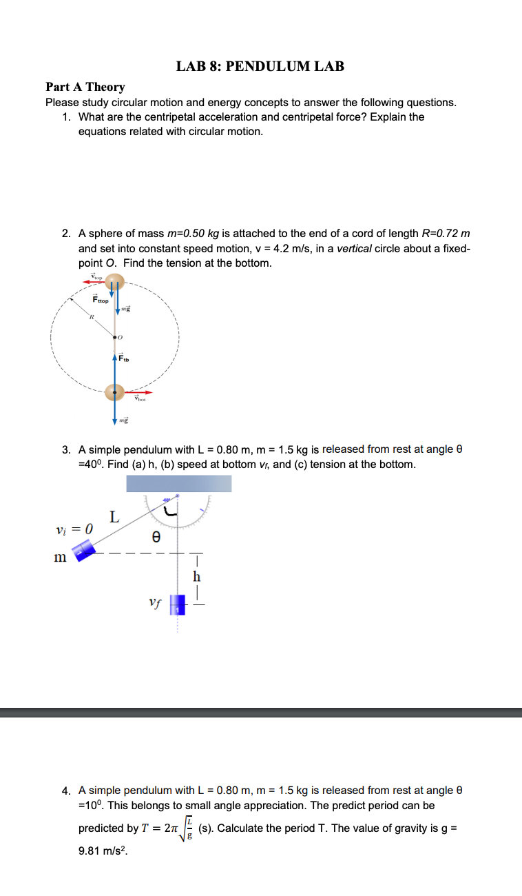 Solved LAB 8: PENDULUM LAB Part A Theory Please study | Chegg.com