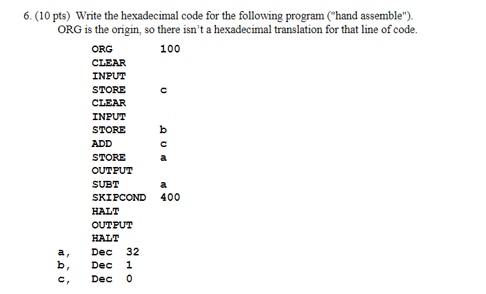Solved 6. (10 pts) Write the hexadecimal code for the | Chegg.com