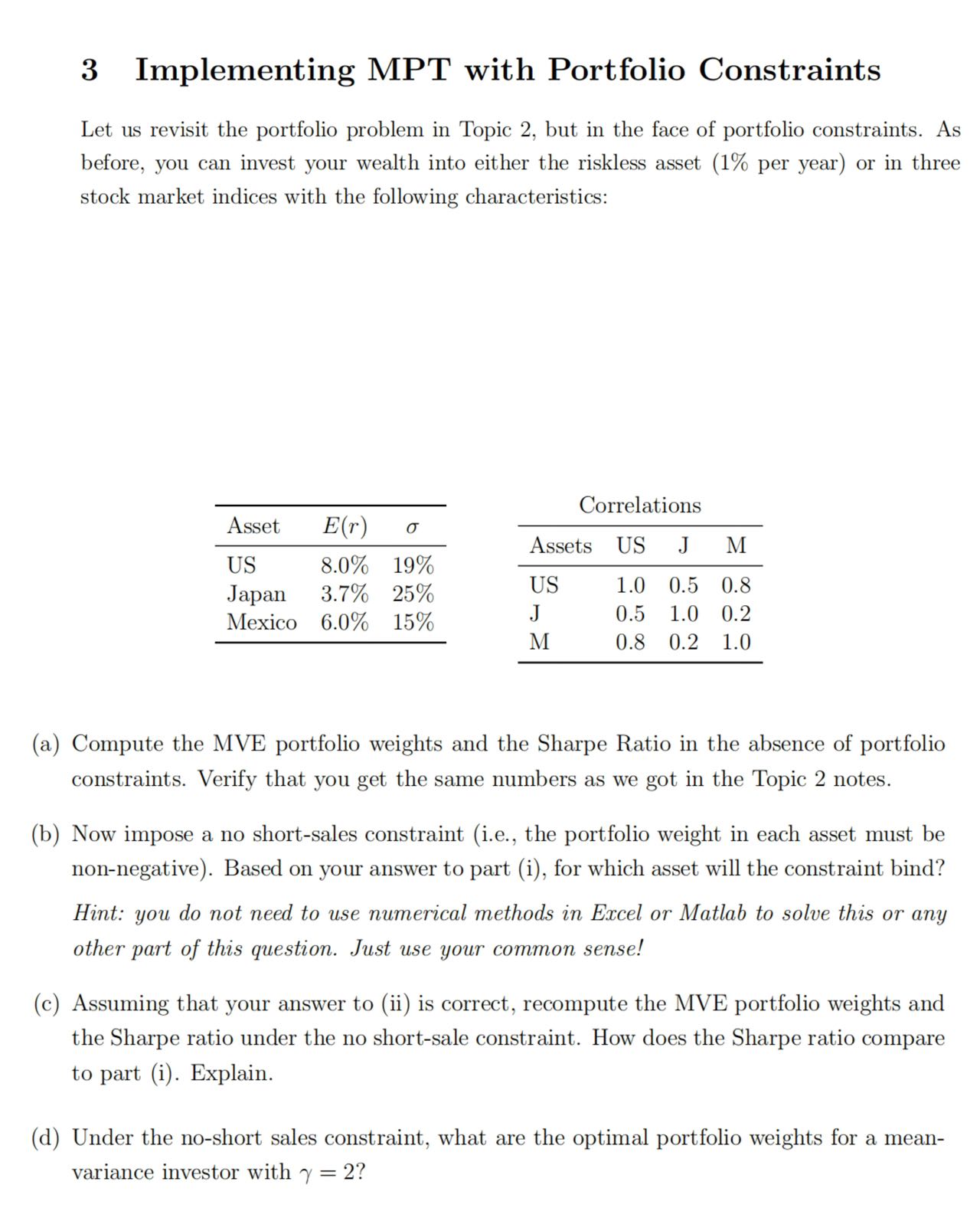 3 Implementing MPT with Portfolio Constraints Let us | Chegg.com