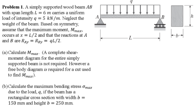Solved А) B Problem 1. A simply supported wood beam AB with | Chegg.com
