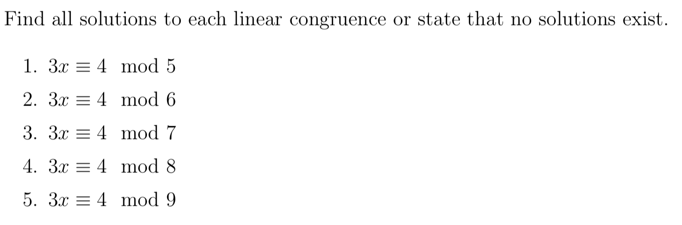 Solved Find all solutions to each linear congruence or state | Chegg.com