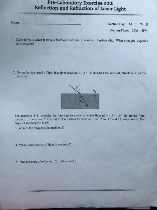 Solved Pre-Laboratory Exercise #10: Reflection and | Chegg.com