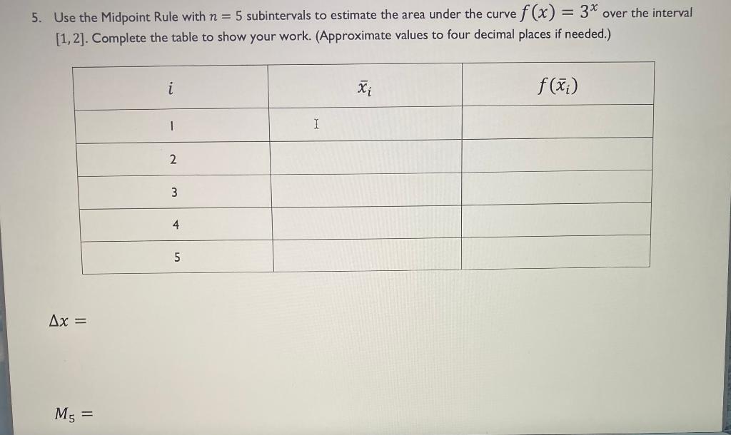 [Solved]: Use the Midpoint Rule with ( n=5 ) subinterva