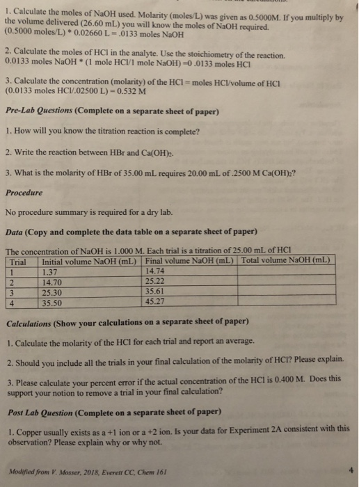 Solved 1. Calculate the moles of NaOH used. Molarity | Chegg.com