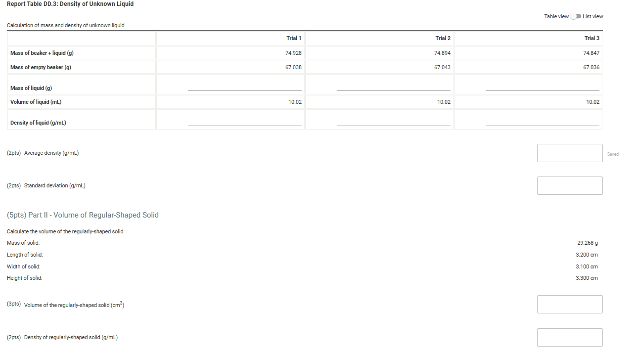 Solved Report Table DD.3: Density of Unknown Liquid Table | Chegg.com