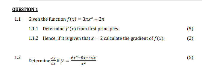 Solved 1.1 Given the function f(x)=3πx2+2π 1.1.1 Determine | Chegg.com