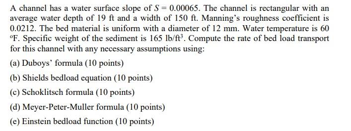 Solved A channel has a water surface slope of S=0.00065. The | Chegg.com