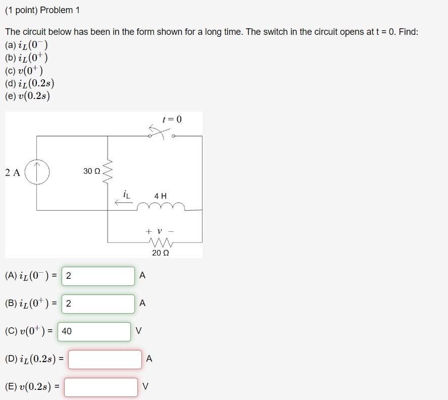 Solved (1 point) Problem 1 The circuit below has been in | Chegg.com