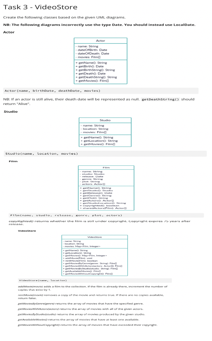 Solved Task 3 - VideoStore Create the following classes | Chegg.com