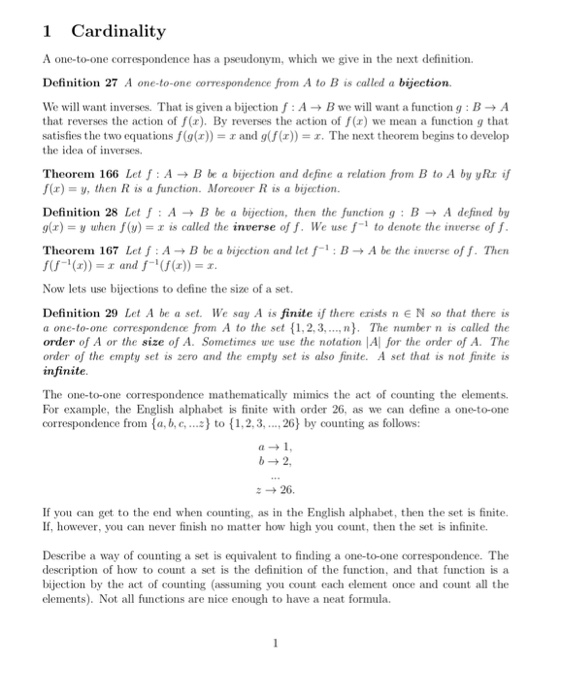 Solved 1 Cardinality A one-to-one correspondence has a | Chegg.com