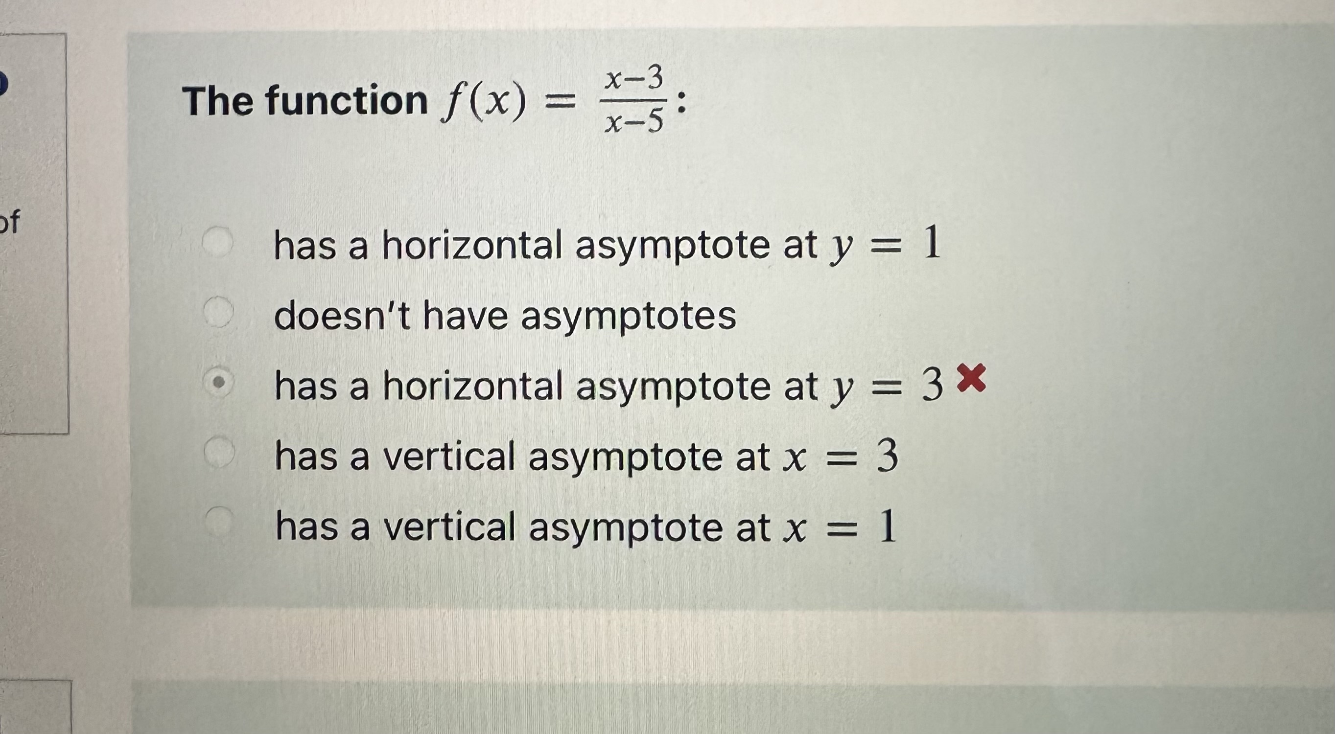 Solved The function f(x)=x-3x-5 ﻿:has a horizontal asymptote | Chegg.com