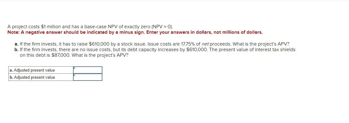 Solved A project costs $1 million and has a base-case NPV of | Chegg.com