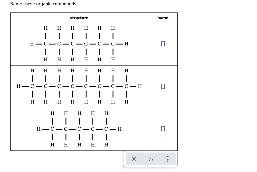 Solved Name these organic compounds: structure name name H H | Chegg.com