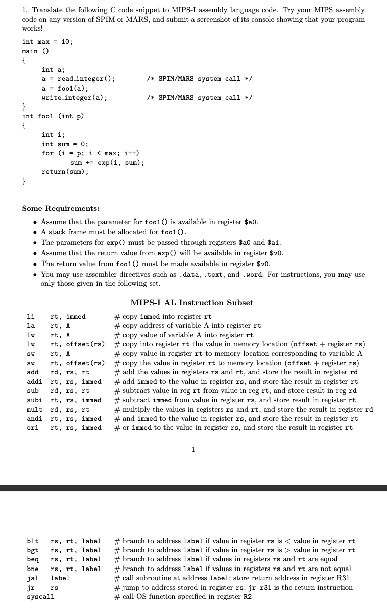 1. Translate the following C code snippet to MIPS-I | Chegg.com