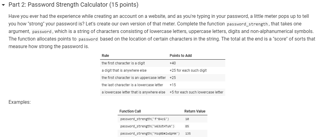 Solved Part 2: Password Strength Calculator (15 points) Have | Chegg.com