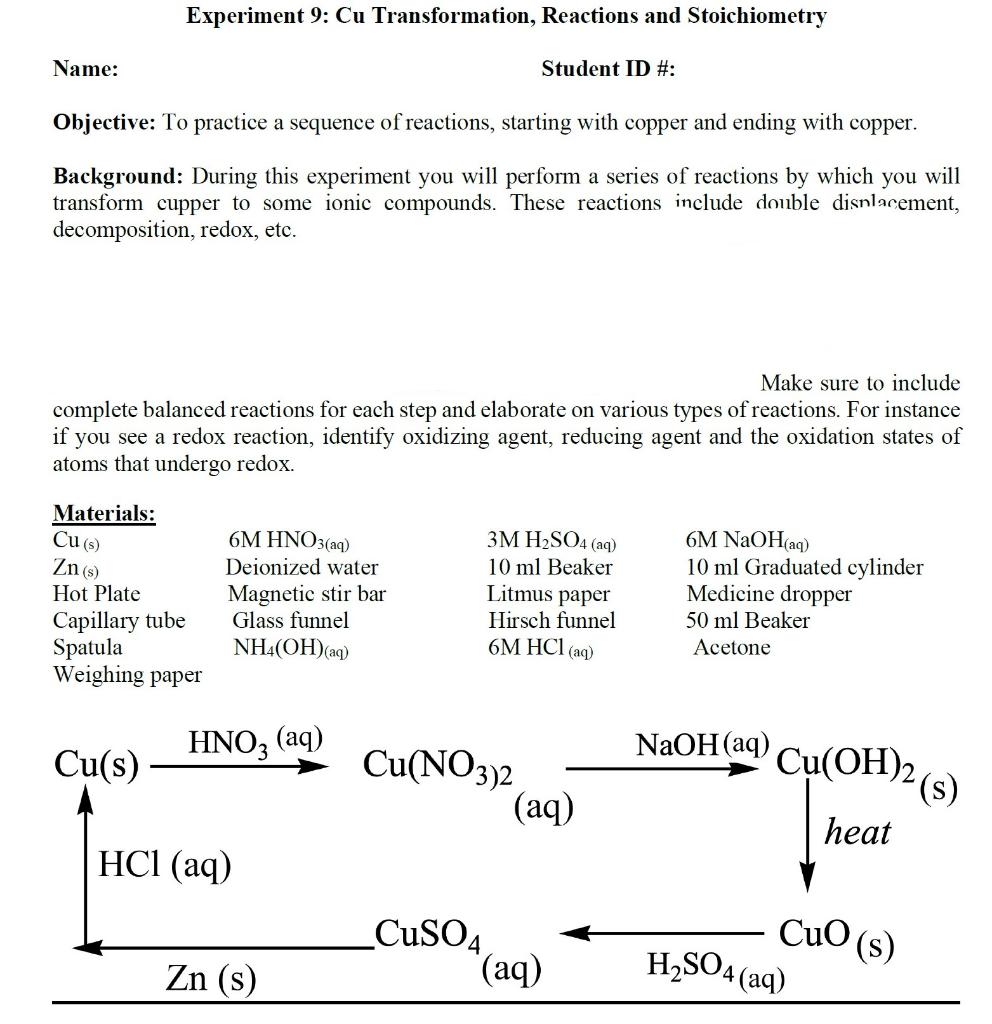 Solved Experiment 9: Cu Transformation, Reactions and | Chegg.com